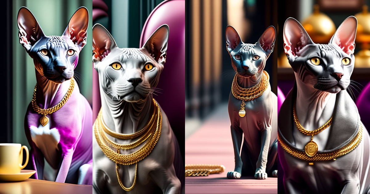 Lexica - All gray sphynx wearing gold chain sitting in front pink cafe