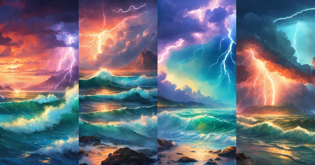 Lexica - Sea scenery, lightning, oceanic tsunami with bold and bright ...