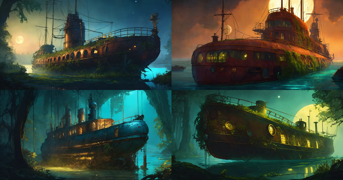 Lexica - Beached overgrown steampunk submarine tilted rusty shipwreck ...