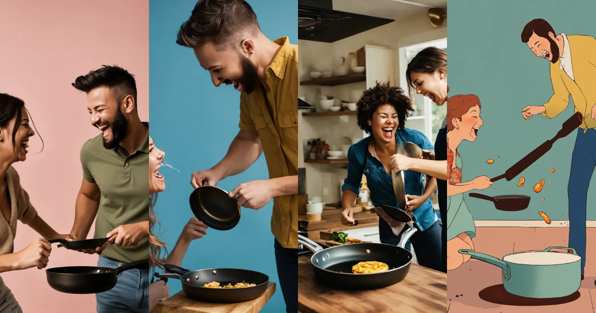 Lexica - Woman hitting a man with a frying pan while the woman is laughing
