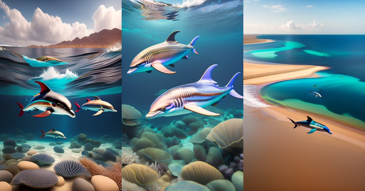 Lexica - Dolphins swim in the air above a dried up sea. realistic ...