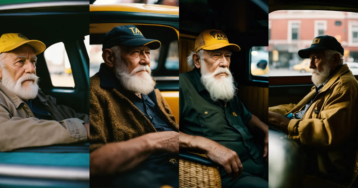 Lexica - A wise old man with white beard and baseball cap in a taxi cab ...