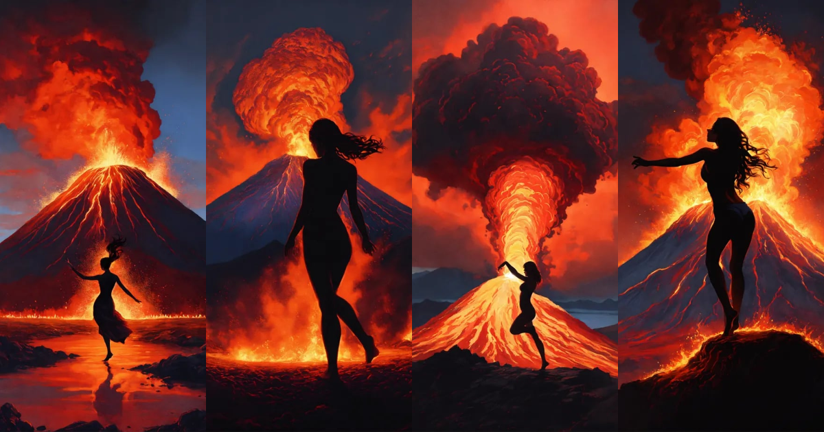 Lexica - Peinture un volcan réaliste en eruption avec la silhouette d ...