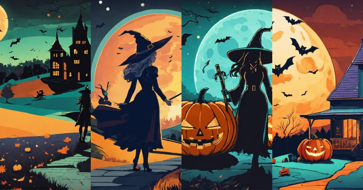 Lexica - Opal stone color halloween scenery with pumpkins and witch ...