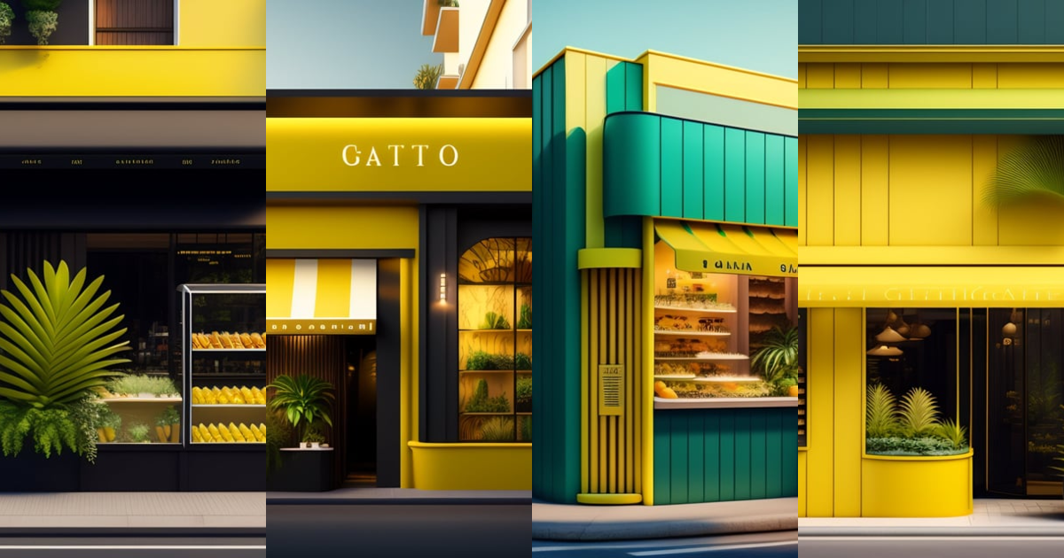 Lexica - A yellow gelato shop facade with tropical plants, minimalist ...