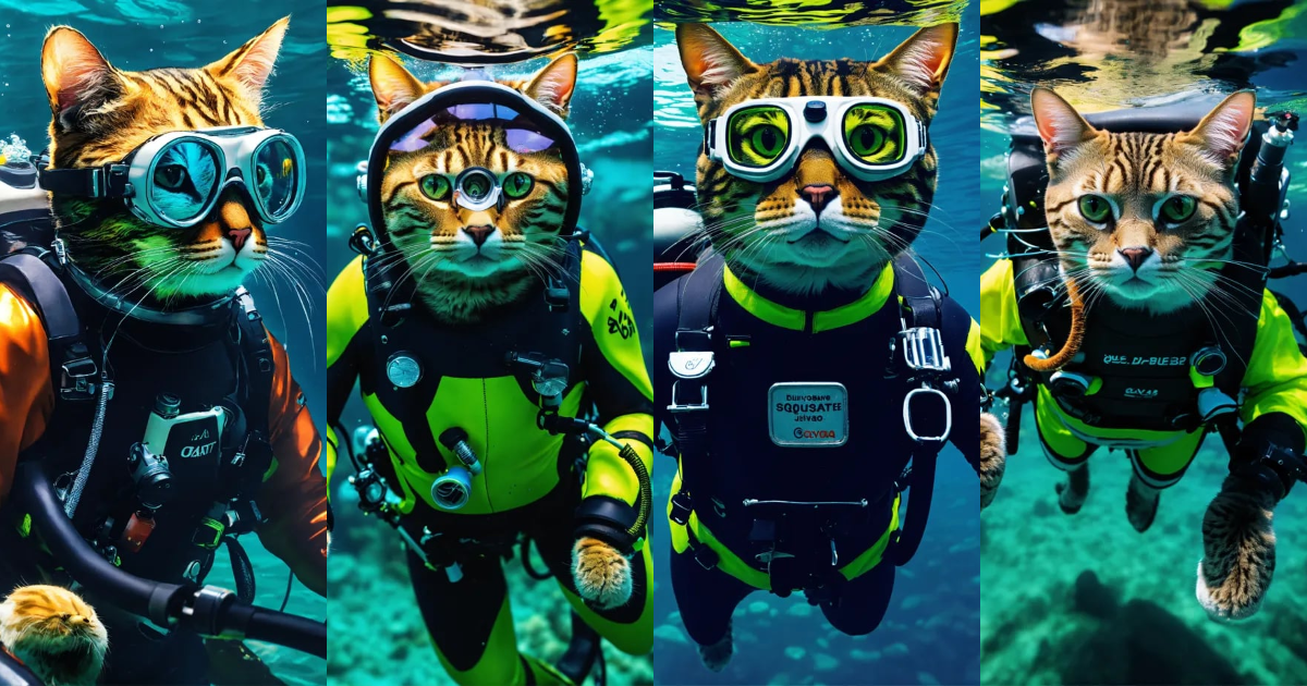 Lexica - Generate an image of a cat biking underwater in a scuba diver ...
