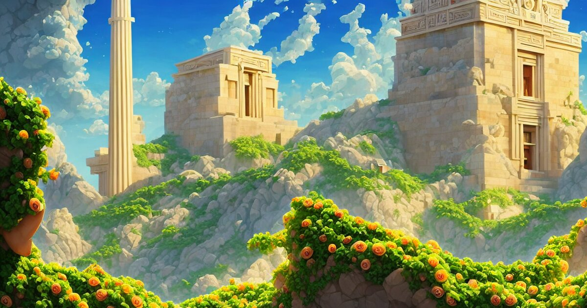 Lexica - painting of Atlantis zeus tower statue and hill valley grec ...