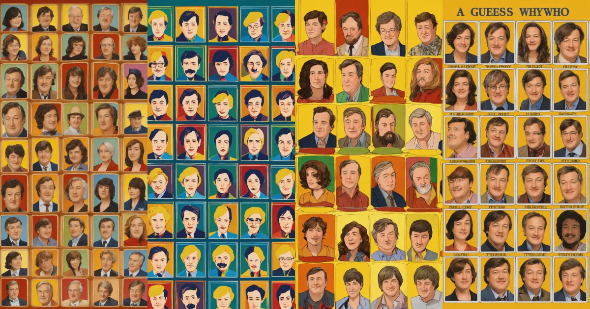 Lexica - A game of Guess Who where everyone is identical to Stephen fry