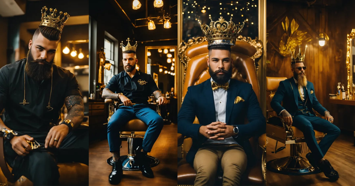 Lexica - A cool barberman with golden scissor and golden crown over his ...