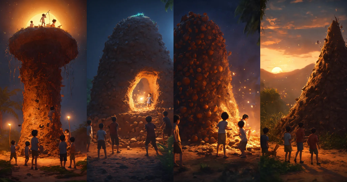 Lexica - Filipino kids playing and destroying a termite mound, night ...