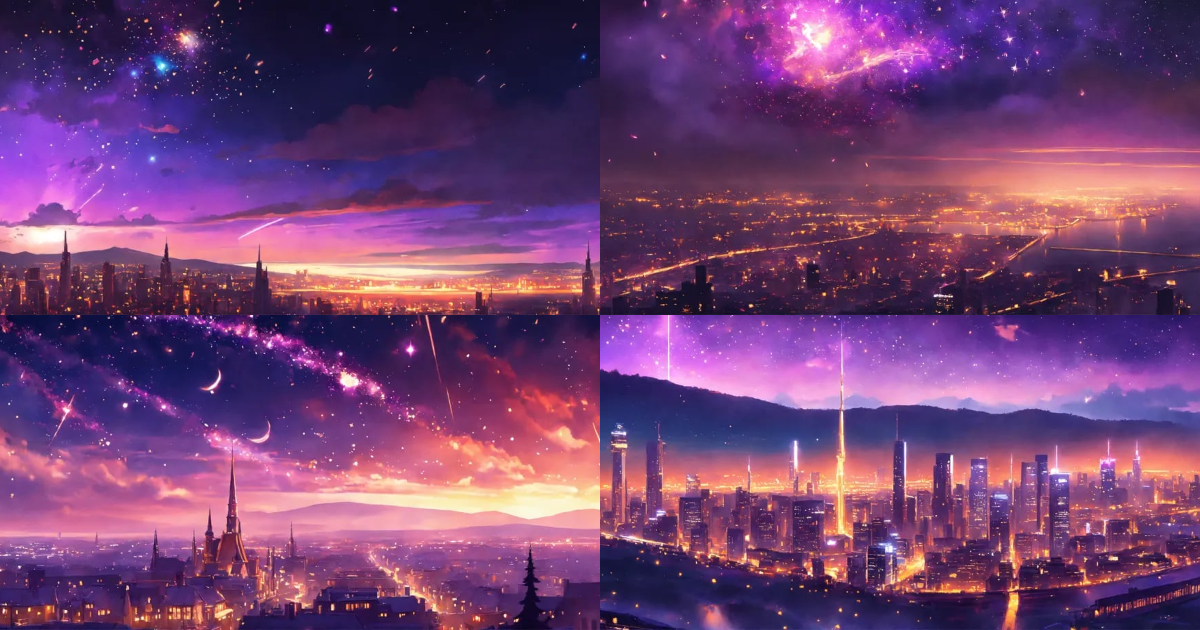 Lexica - Beautiful purple starry night, concept art, 8k, sparks, city ...