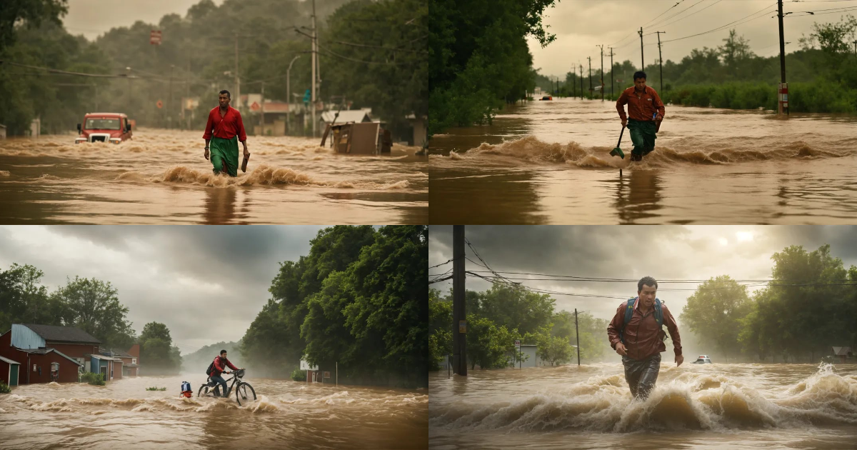 Lexica - Produce me an image of a person fleeing a devastating flood ...