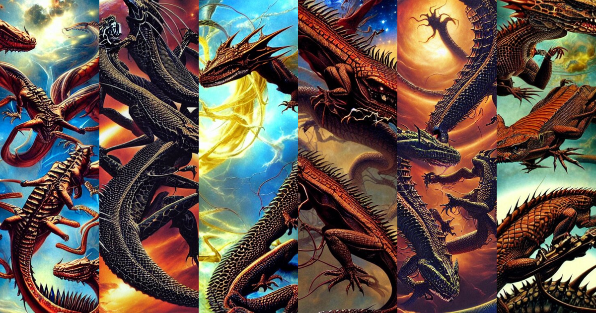 Lexica - Two muscular dragons entwined, floating in space, zero gravity ...