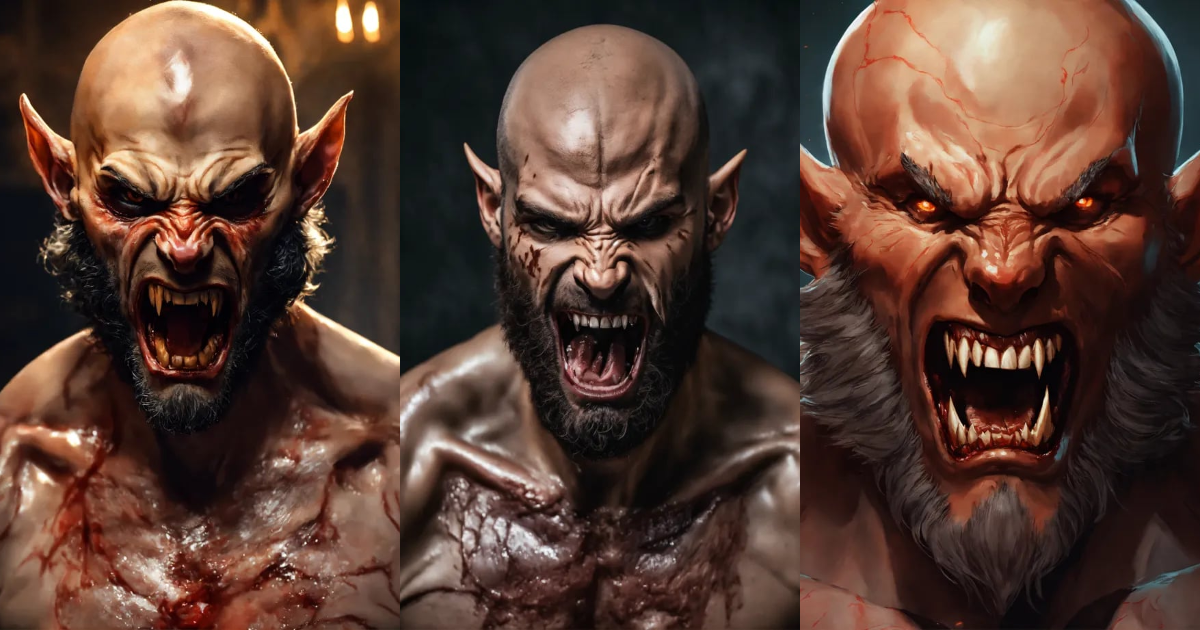 Lexica - A young bald man with beard with sharp claws and bared fangs a ...