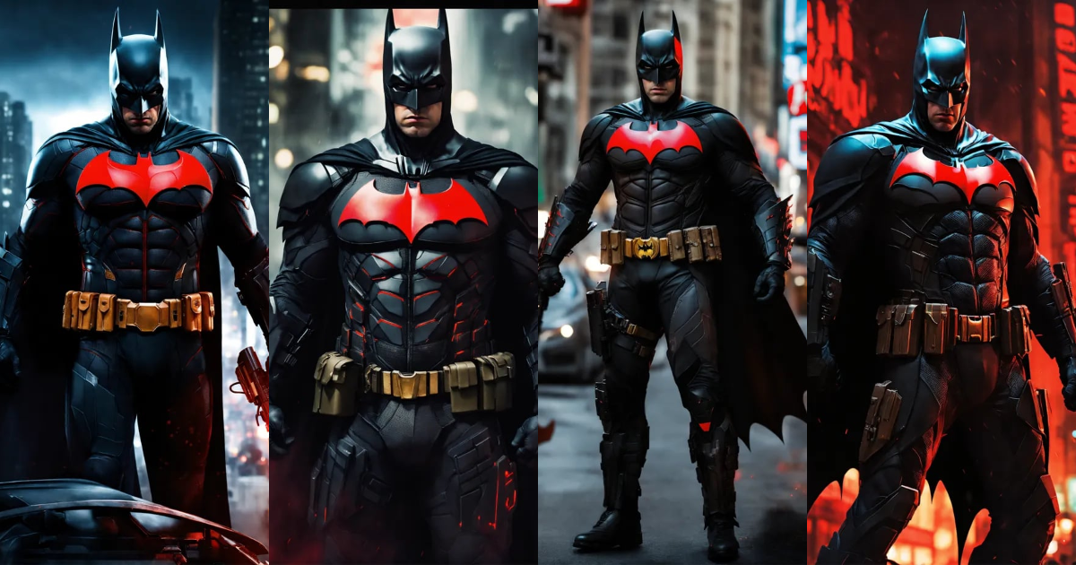 Lexica - Batman traje negro con rojo y arma en la mano realista hd