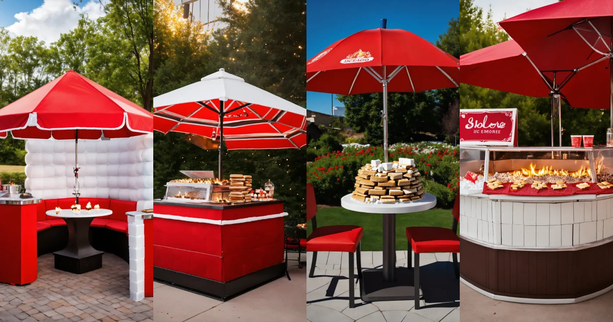 Lexica - Elegant ice igloo booth to sell smores outdoor with a red umbrella