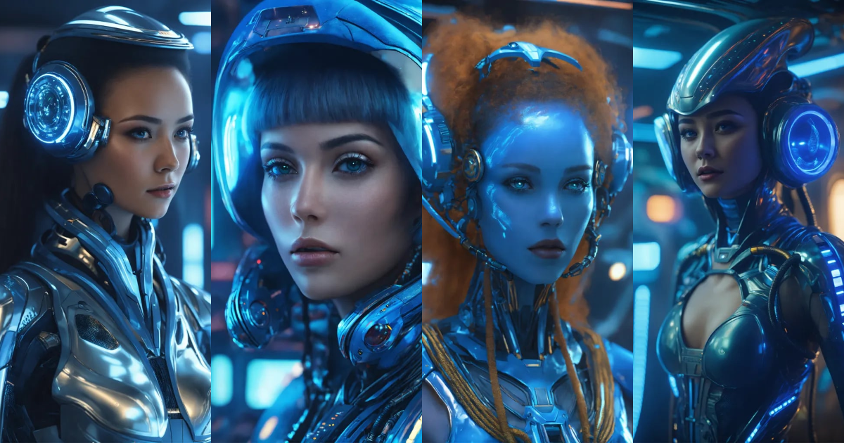 Lexica - Zoom out on a beautiful blue alien girl on hi tech mother ship ...