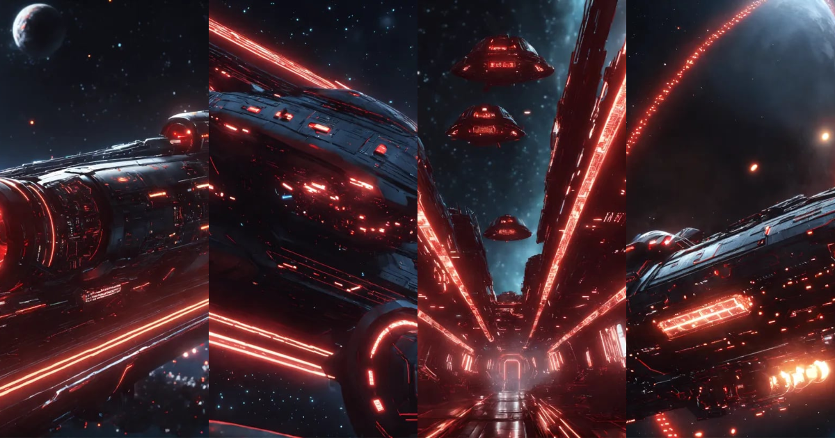 Lexica - Zoom out on fleet of long black organic worm like space ships ...