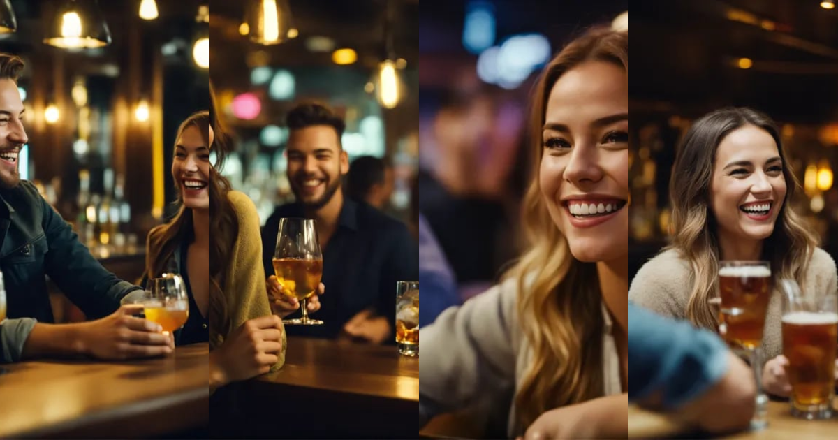 Lexica - Happy people trinking and laugh in a modern bar, behind is the ...