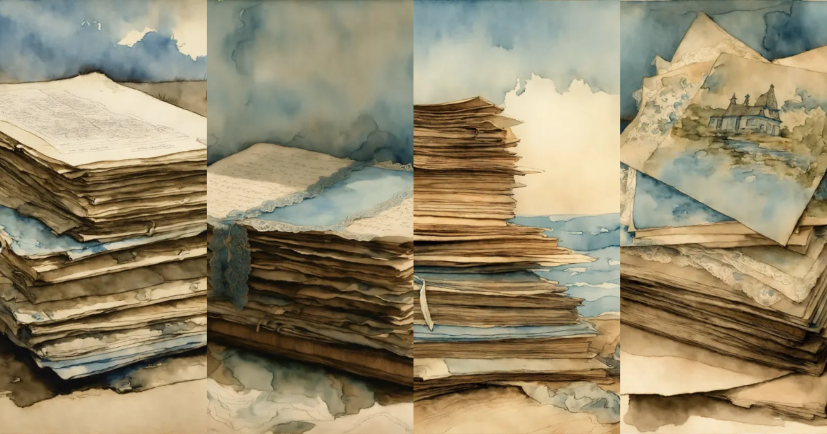 Lexica - Stacked papers watercolour painting with muted tones, faded ...