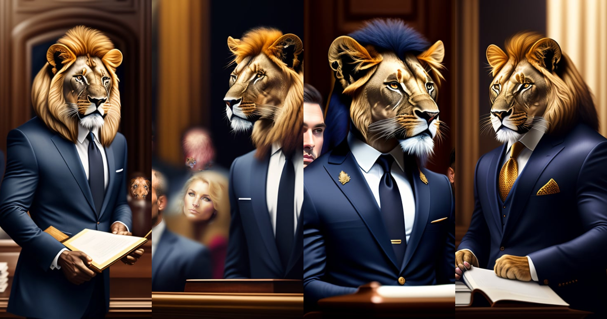 Lexica - Award-winning photo of a lion lawyer in court, navy blue suit ...