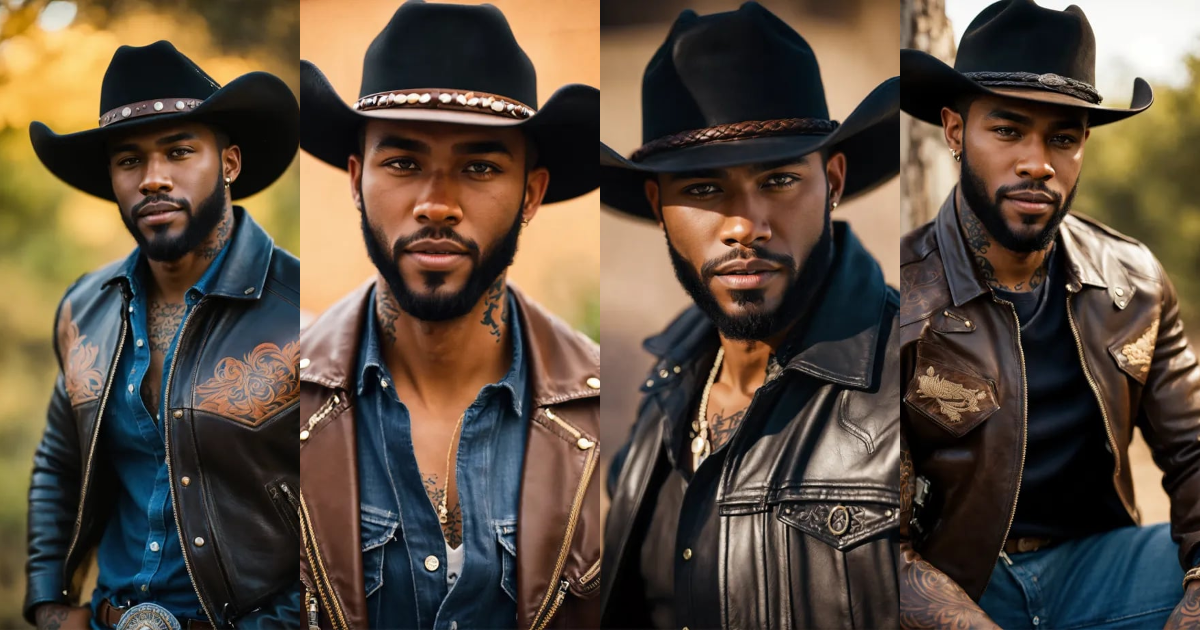 Lexica - Handsome black male, cowboy, low beard, light eyes, chocolate ...