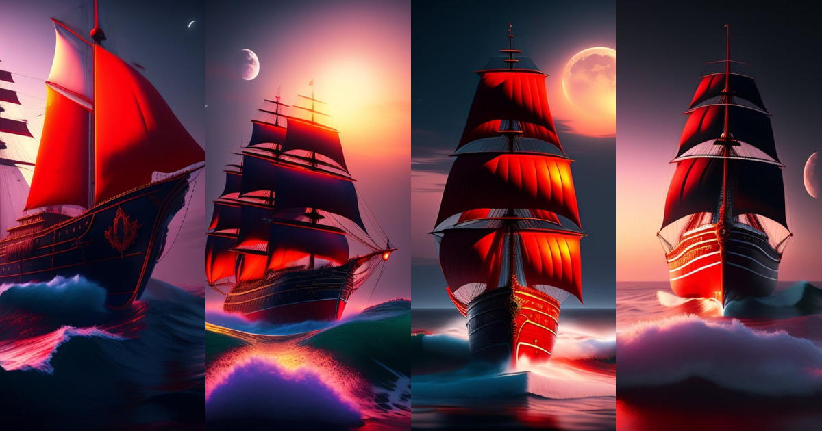 Lexica - A big red ship with black sails is sailing on the sea, big ...