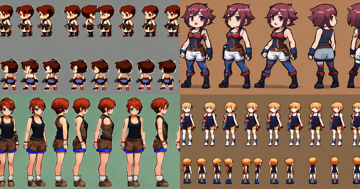 Lexica - Game assets, multiple poses, sprite sheet, girl, short hair ...