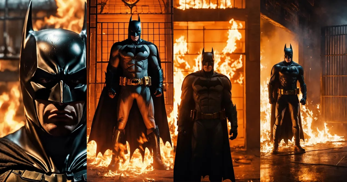 Lexica - Batman in jail and the jail is on fire, 8k cinema photo
