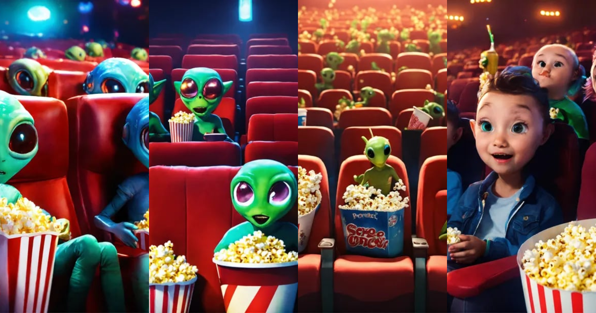 Lexica - A lot of cute aliens sitting in a movie theater eating popcorn ...