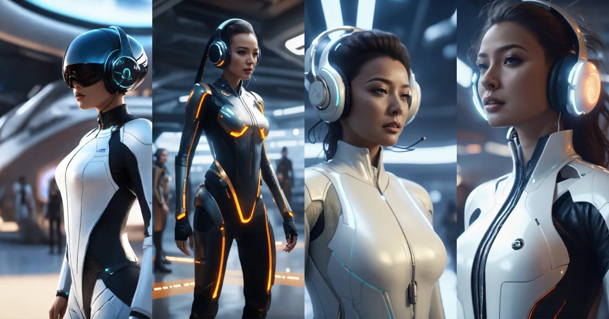 Lexica - Wide shot of a female super spy wearing a tight futuristic spy ...