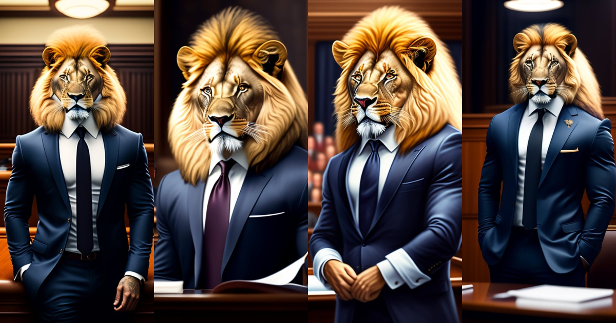 Lexica - Award-winning photo of a lion lawyer standing in court, navy ...