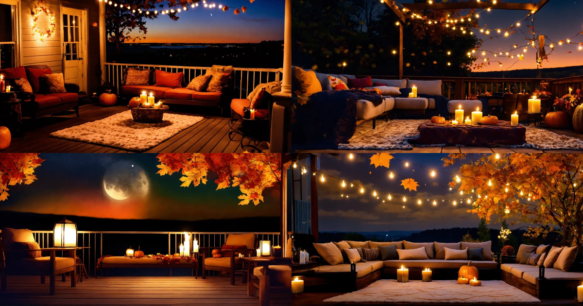 Lexica - Fall theme patio, big comfy couch, fluffy rug, fall leaves ...