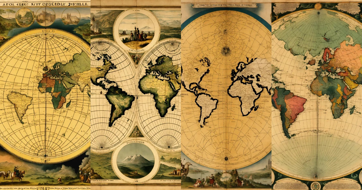 Lexica - Old historical map art, earth divided into 4 distinct circles ...