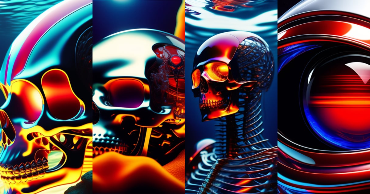 Lexica - Cyber chrome skeleton with glowing red eyes underwater, coming ...