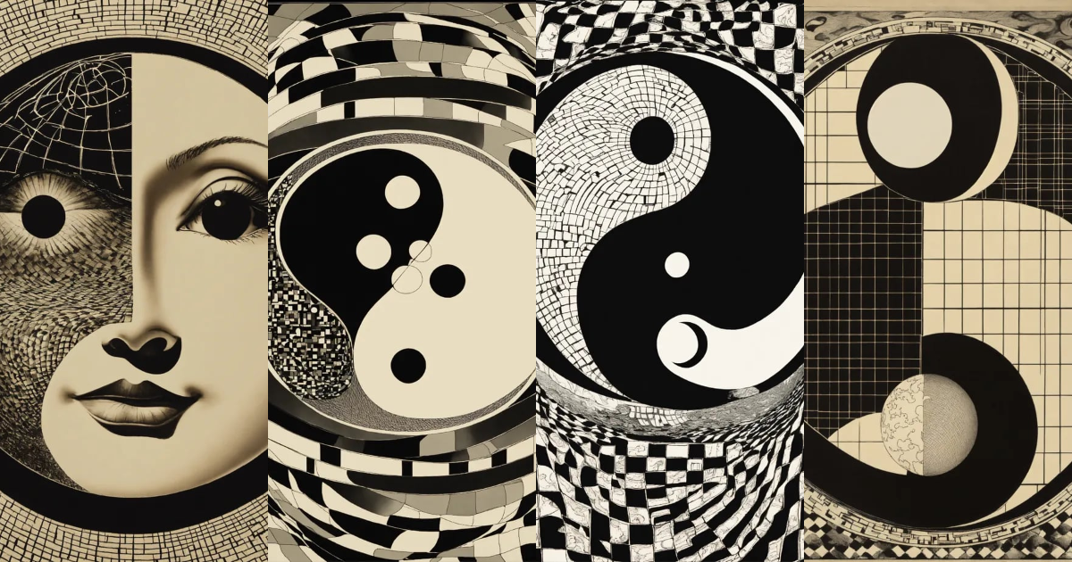 Lexica - Japanese vintage poster, ying yang head merging into another ...