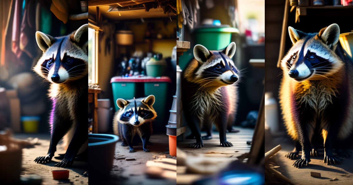Lexica - Wide angle Environmental shot of evil raccoon in a cluttered ...