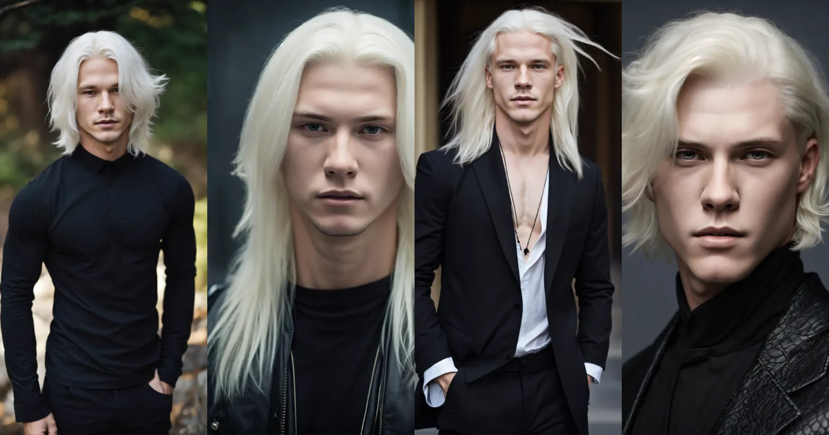 Lexica - Gorgeous albino adult male with white shoulder-length hair ...