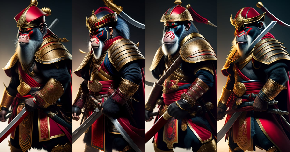 Lexica - Award-winning photo of a Mandrill samurai, red eyes, holding ...