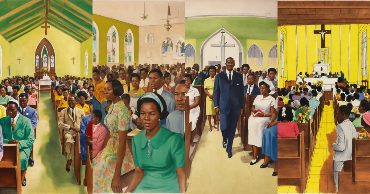 Lexica - Coming drawing of jamaican church congregation in 1960s