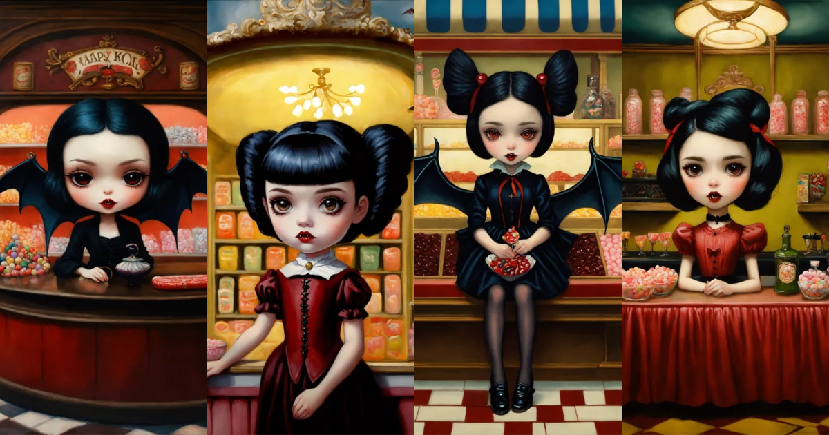 Lexica - A vampire girl ride a bat, black hair,in a candy shop oil ...