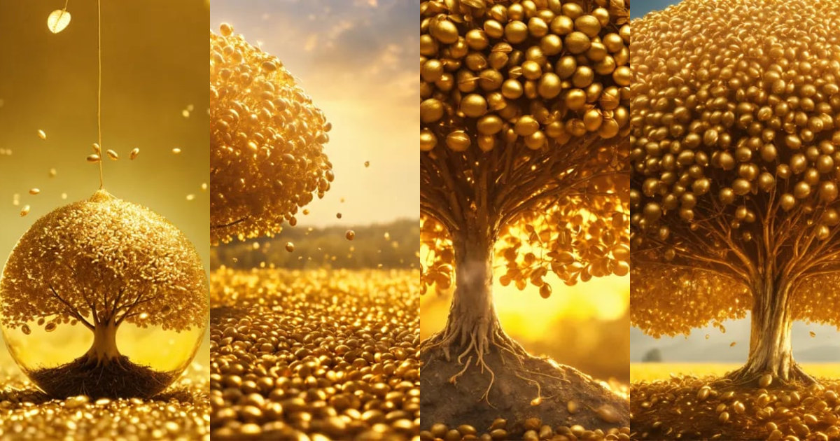 Lexica - A realistic photo of a golden seed that grows and becomes a ...