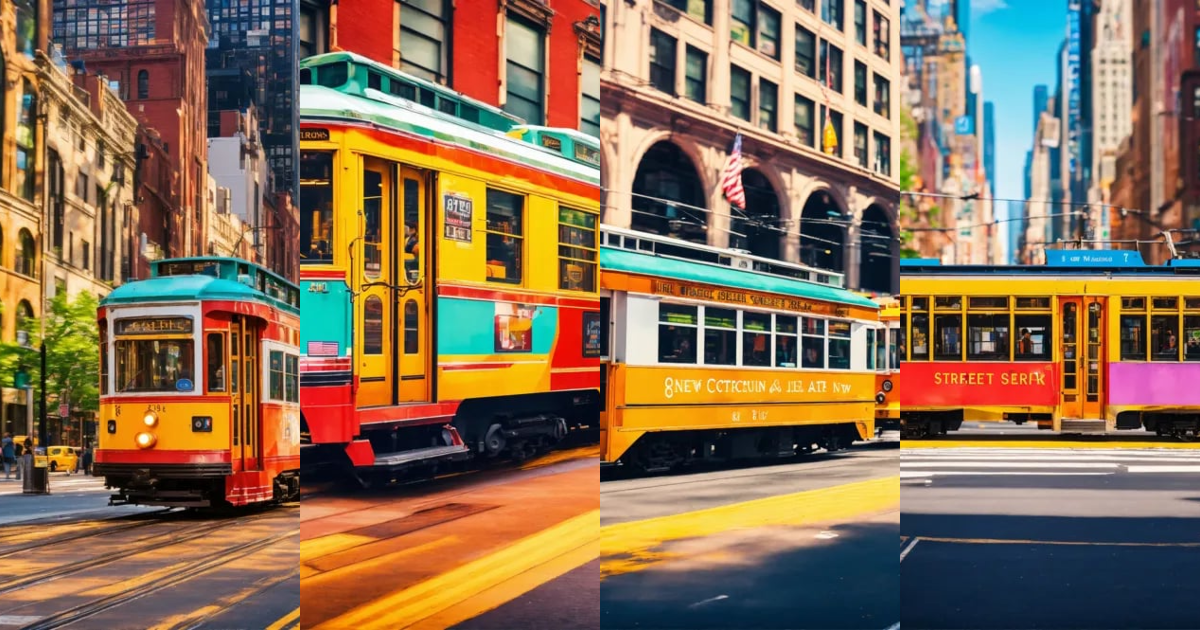 Lexica - Colorful streetcars running in New York City, 8k , masterpiece