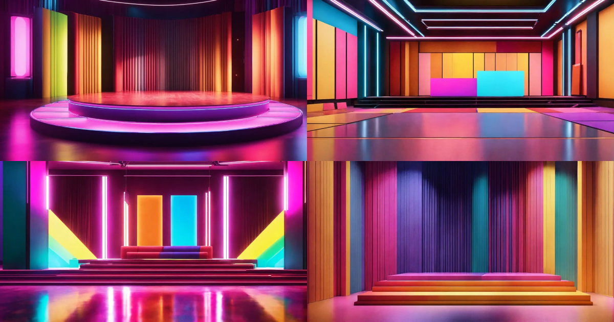 Lexica - A colorful stage in a bright room with multiple stages to ...