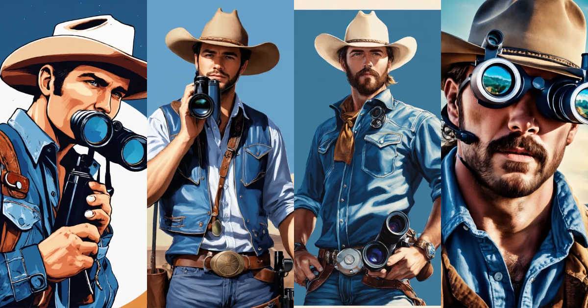 Lexica - Poster, modern cowboy with binoculars, blue colors, western ...