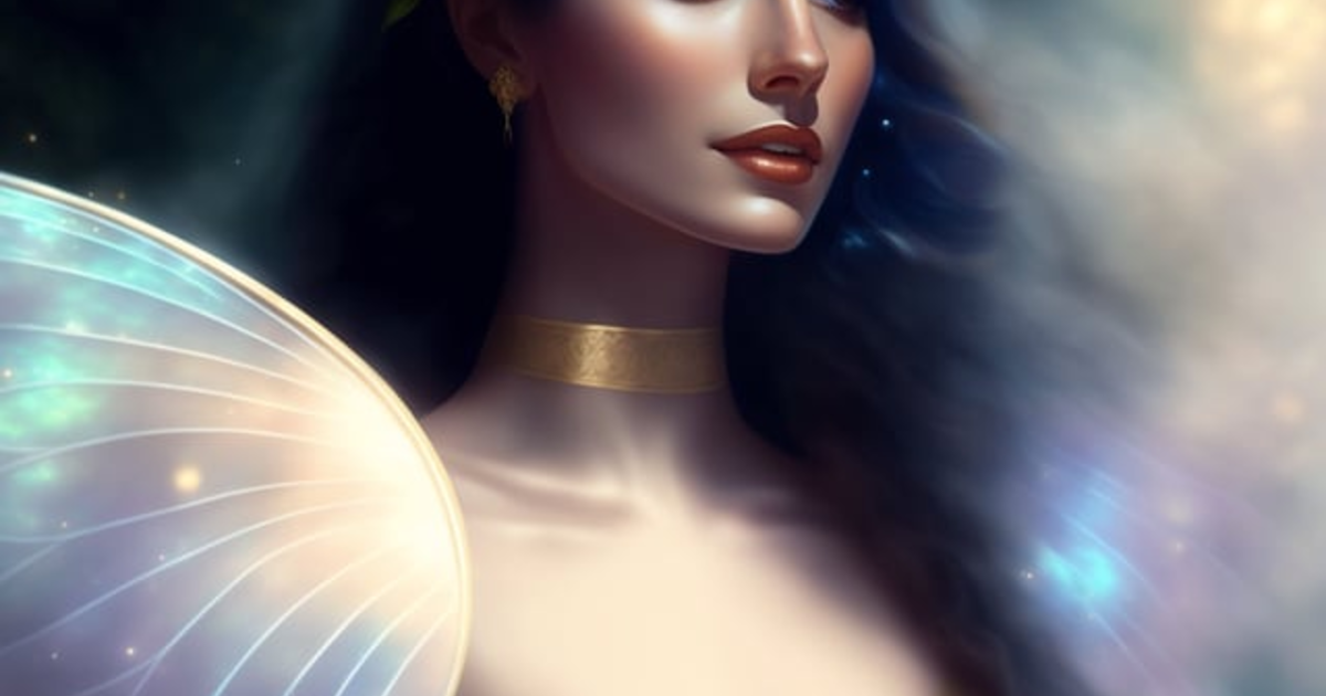 Lexica - Fairy wearing a white silk Greek gown standing on a mother of pearl in the centre of a ...