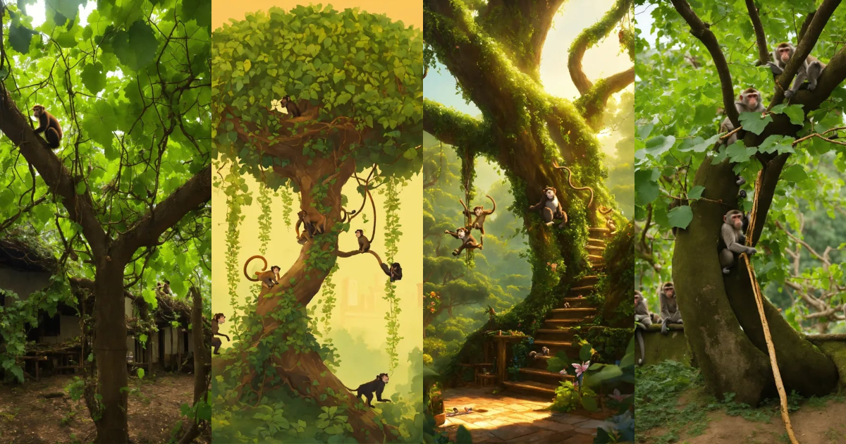 Lexica - A tree, falling vines, monkeys clinging to the vines