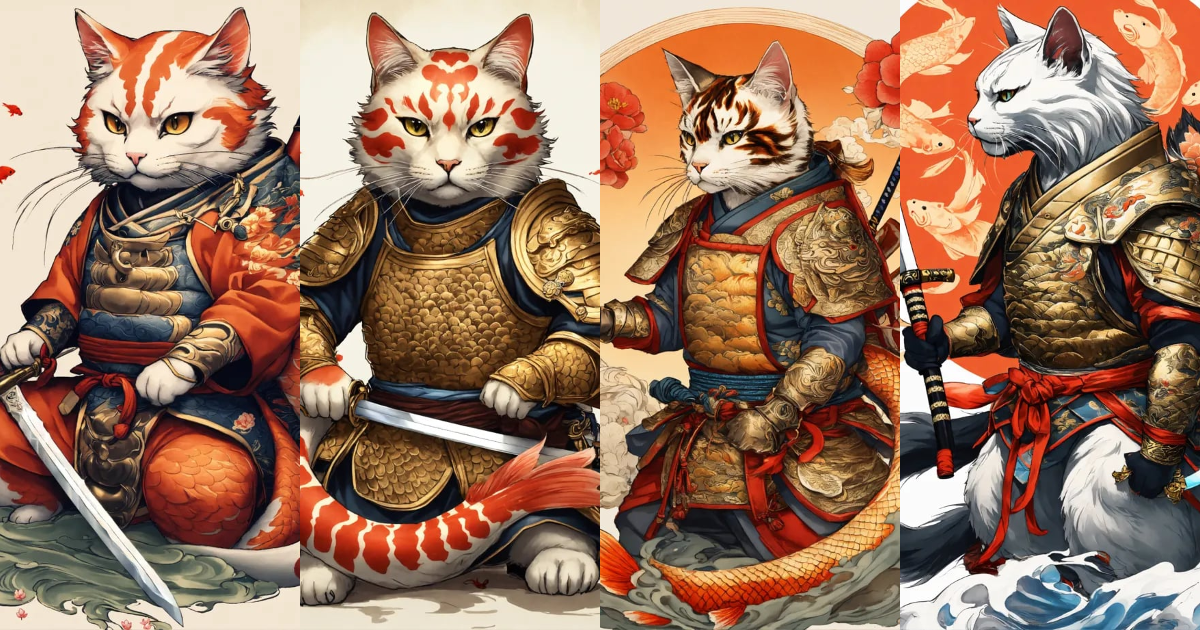 Lexica - There is a cat with a big carp koi and a sword on a white ...
