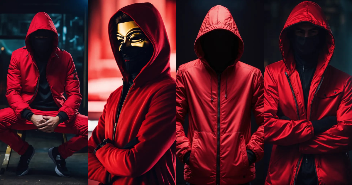 Lexica - Anonymous hacker in red jacket with dark hidden face with arms ...