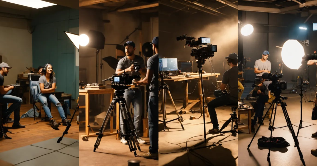 Lexica - The film set. One cameraman is sitting behind the camera, he ...